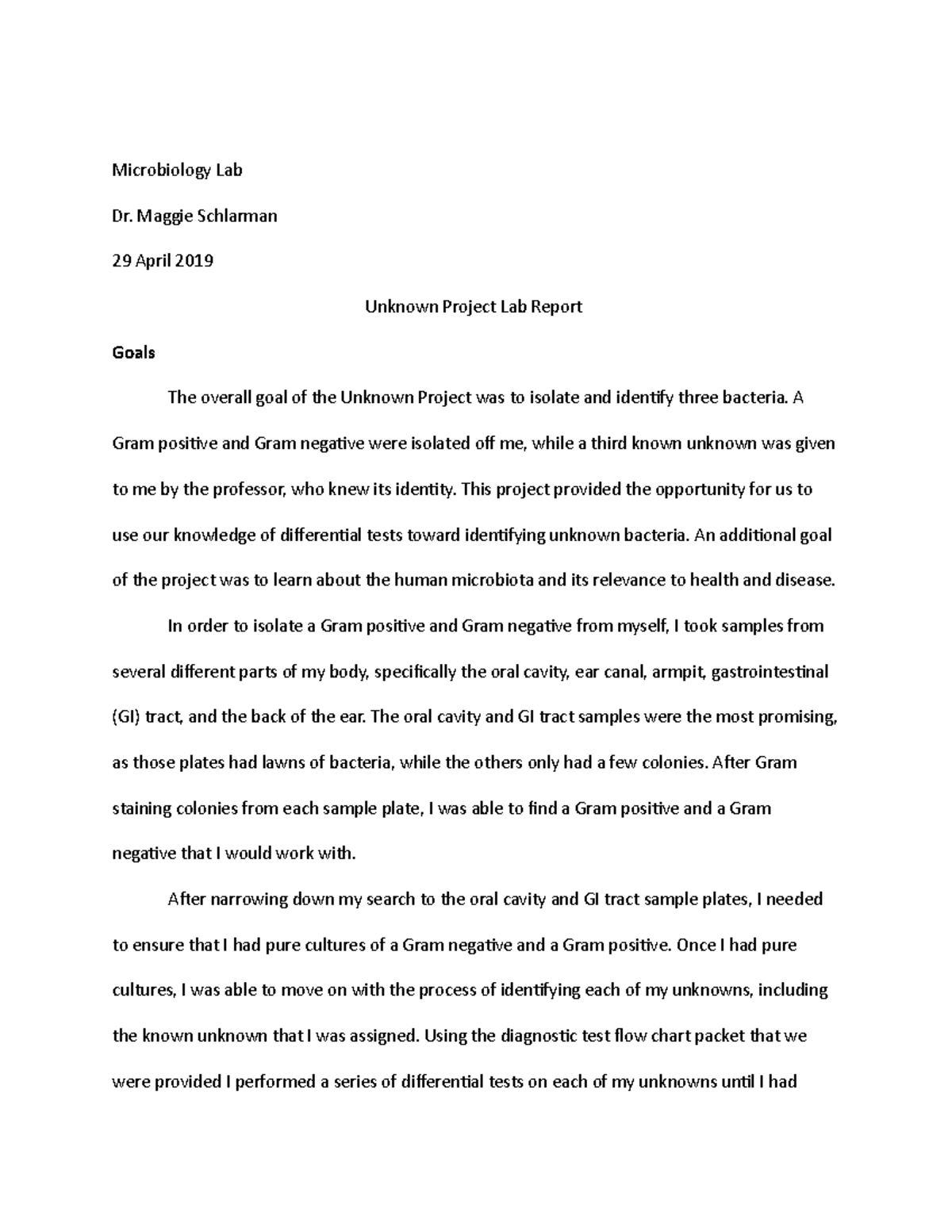 Unknown project lab report 4 - Microbiology Lab Dr. Maggie Schlarman 29 ...