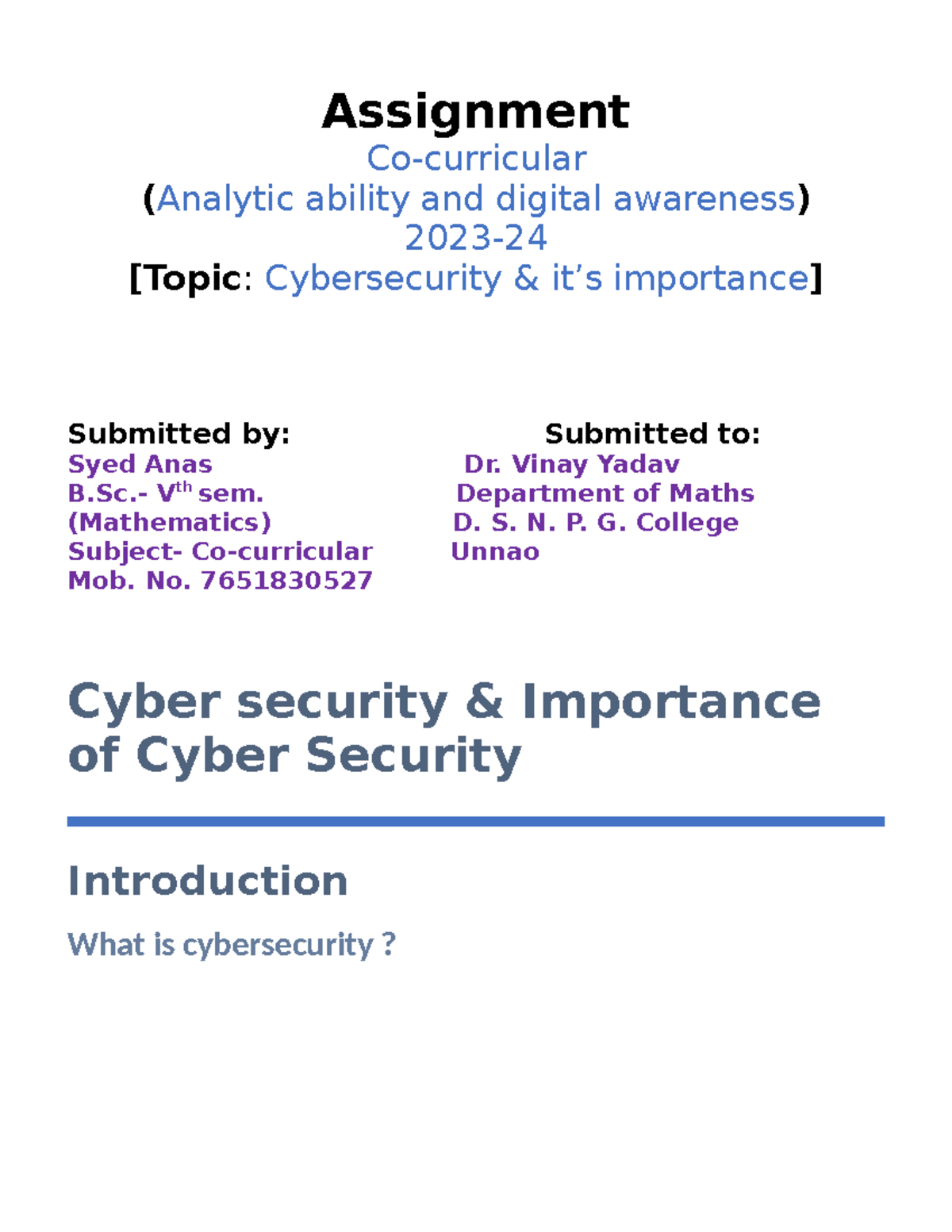 Cybersecurity & Its Importance: Co-curricular Assignment B.Sc.-V Sem ...