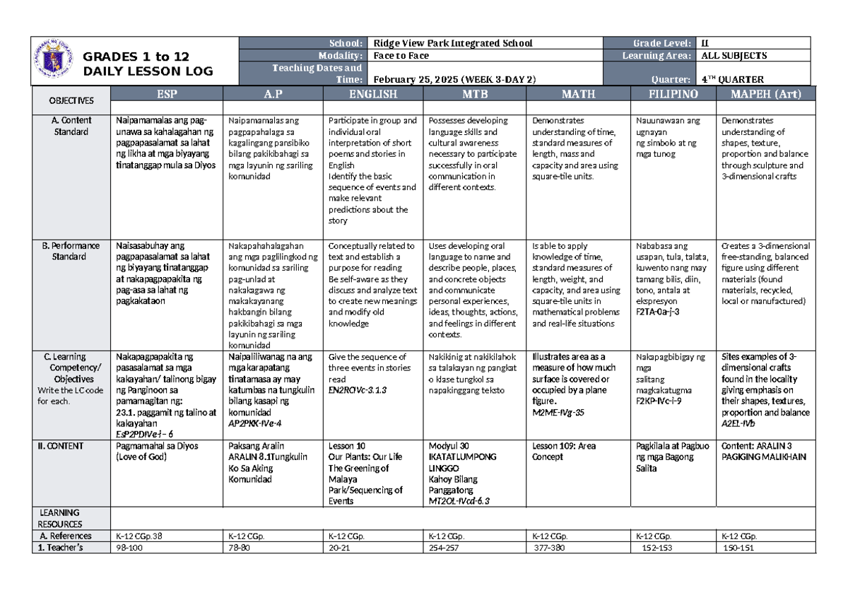 DLL ALL Subjects 2 Q4 W3 D2 - GRADES 1 to 12 DAILY LESSON LOG School ...