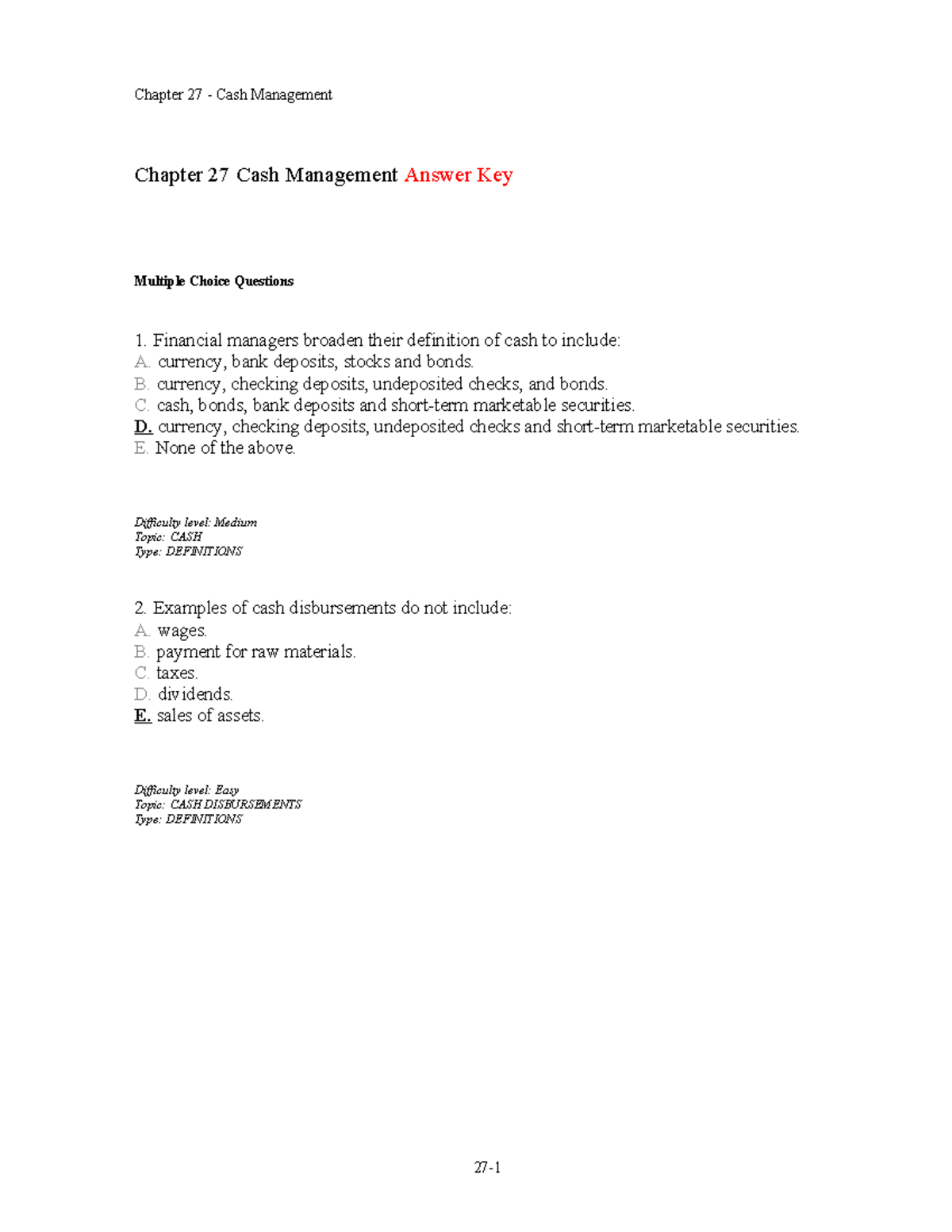 Chapter 27 Cash Management: Answer Key & Concepts Review for Exam - Studocu