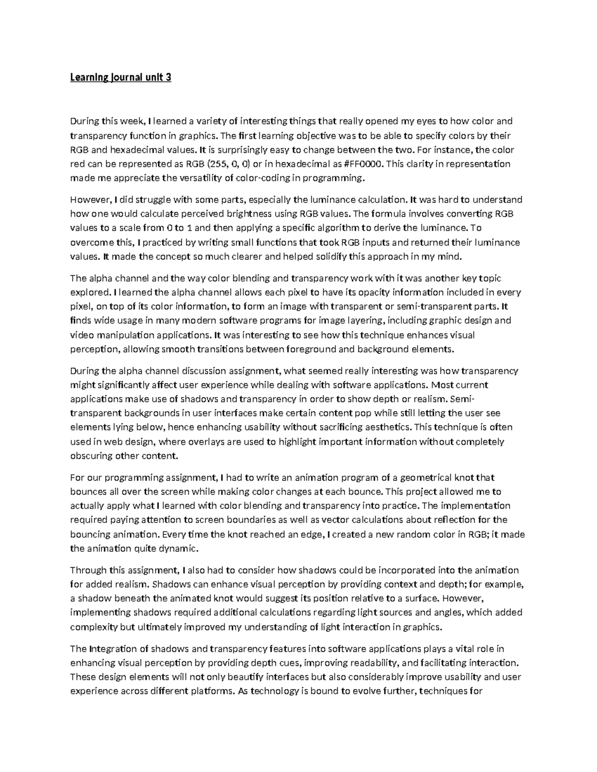 CS 4406-01 Computer Graphics: Learning Journal Unit 3 Insights - Studocu