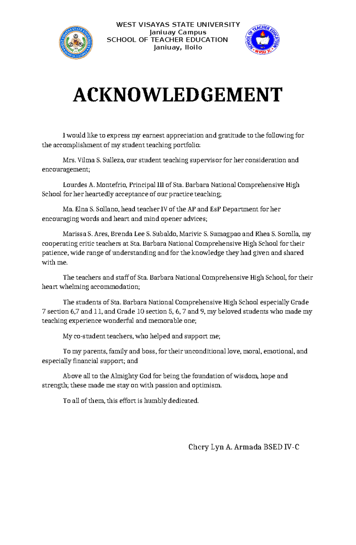 Acknowledgement for Student Teaching Portfolio - BSED IV-C - Studocu