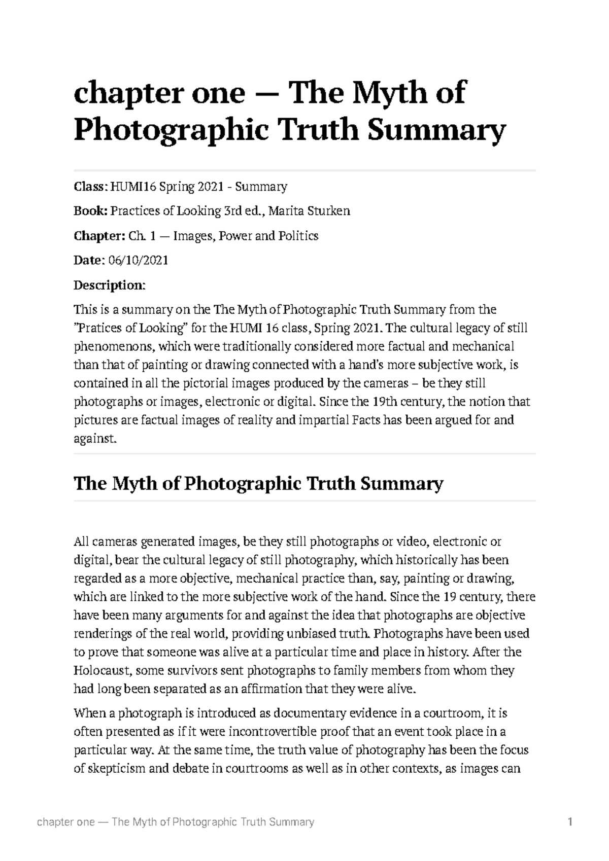 HUMI16 Chapter 1 Summary: Unpacking the Myth of Photographic Truth ...