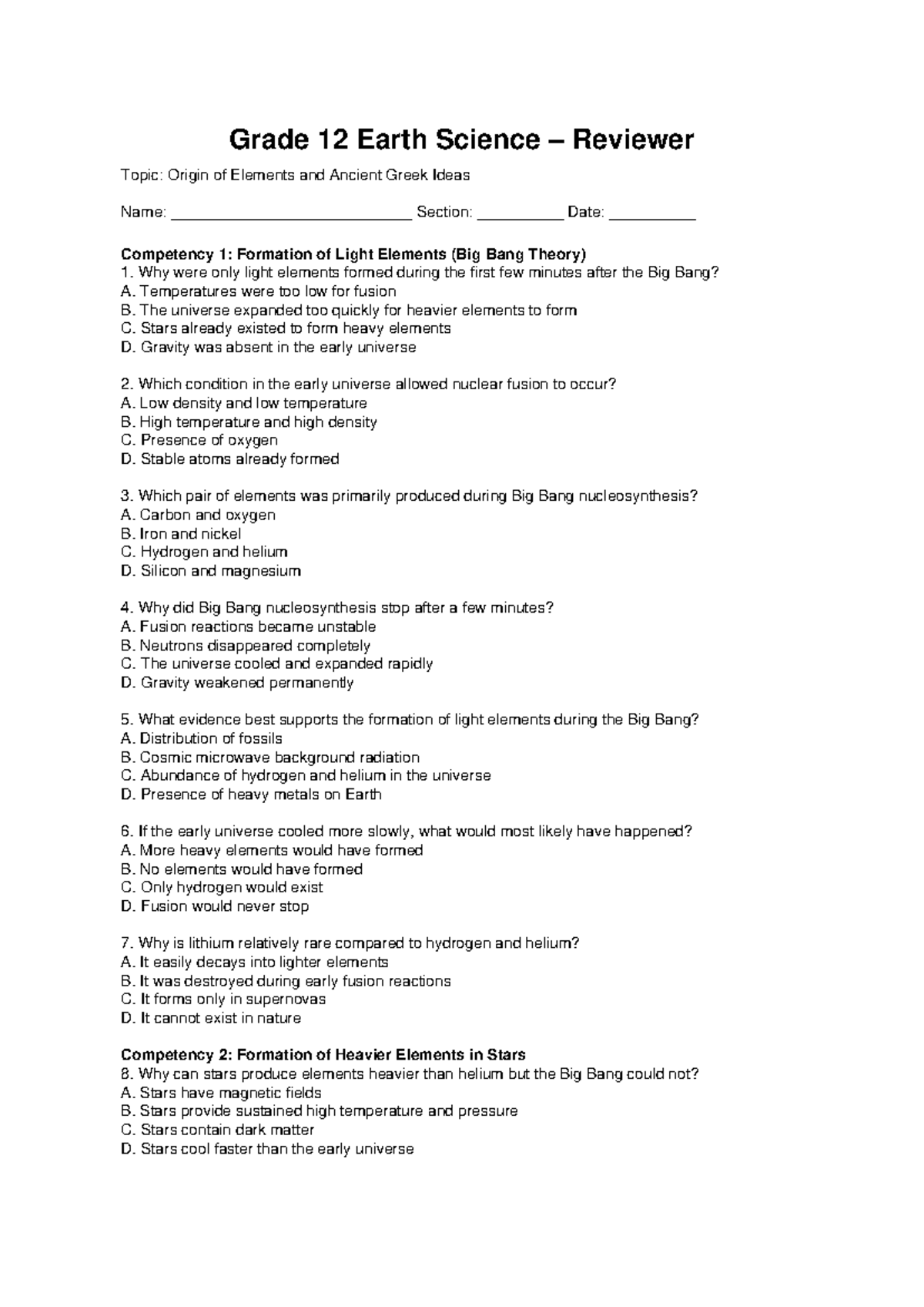 Grade 12 Earth Science Reviewer: Origins of Elements and Greek Ideas ...