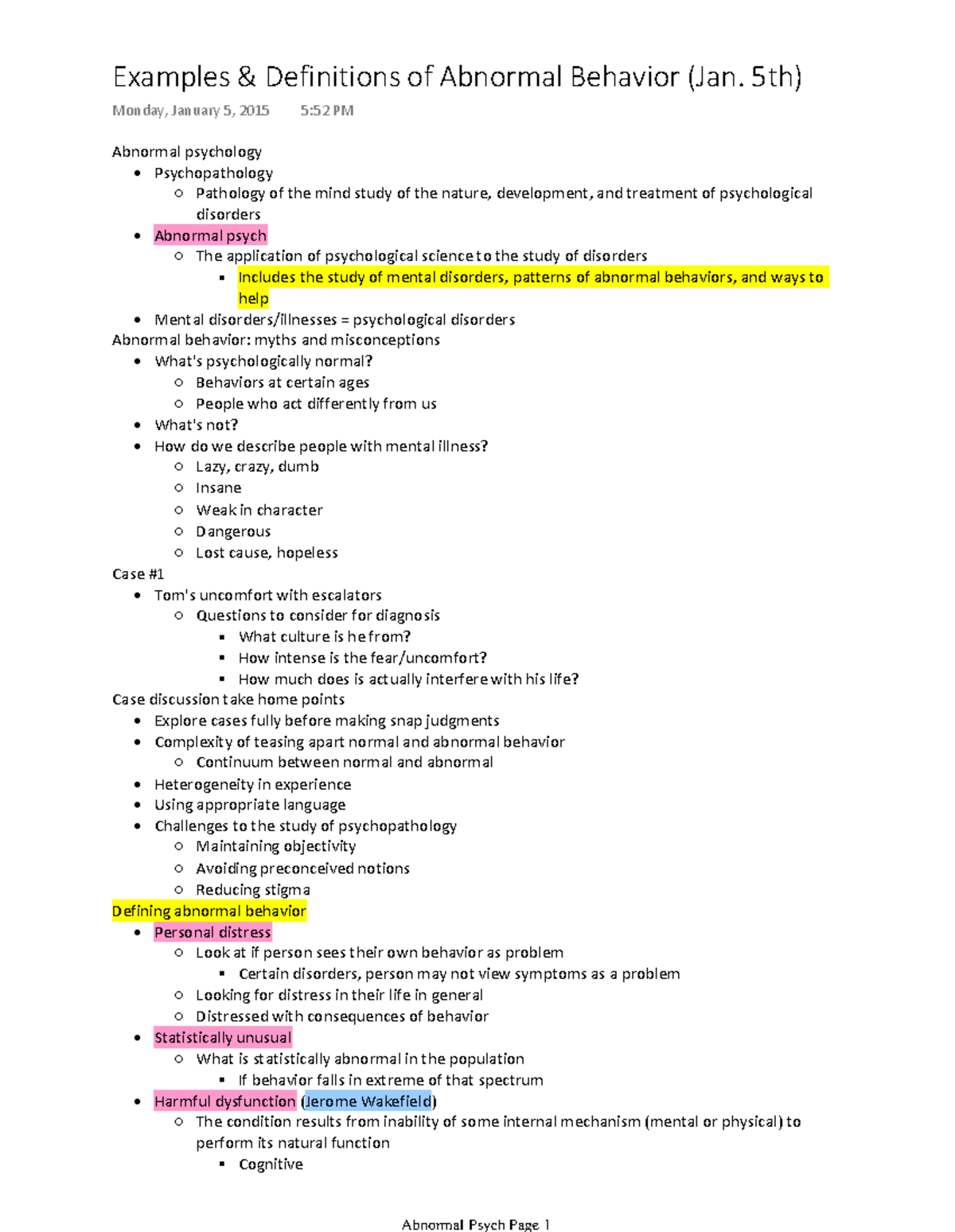 Abnormal Psych - Comprehensive Lecture Notes from the Semester (Jan ...