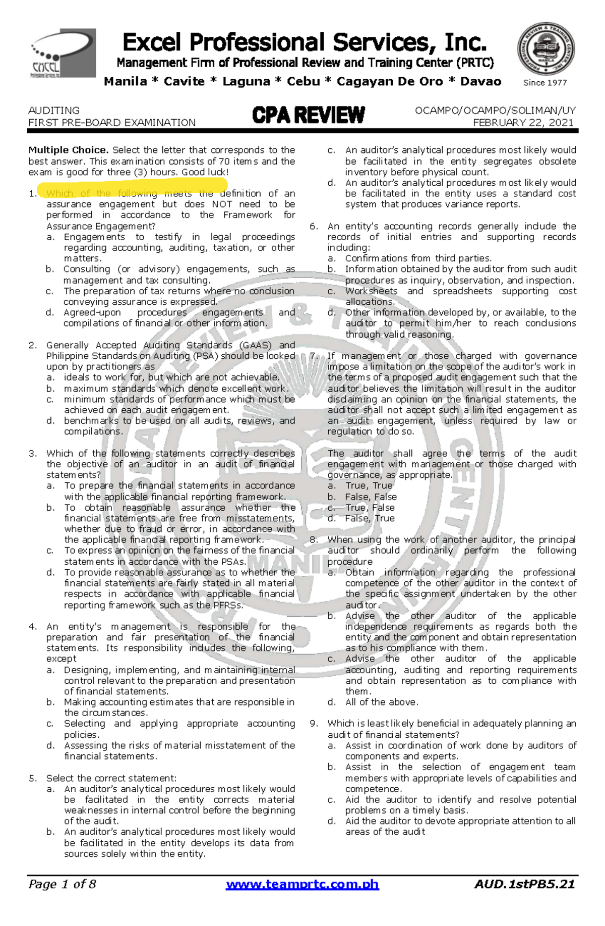 AUD 1st PB Exam - Auditing First Examination February 2021 - Studocu