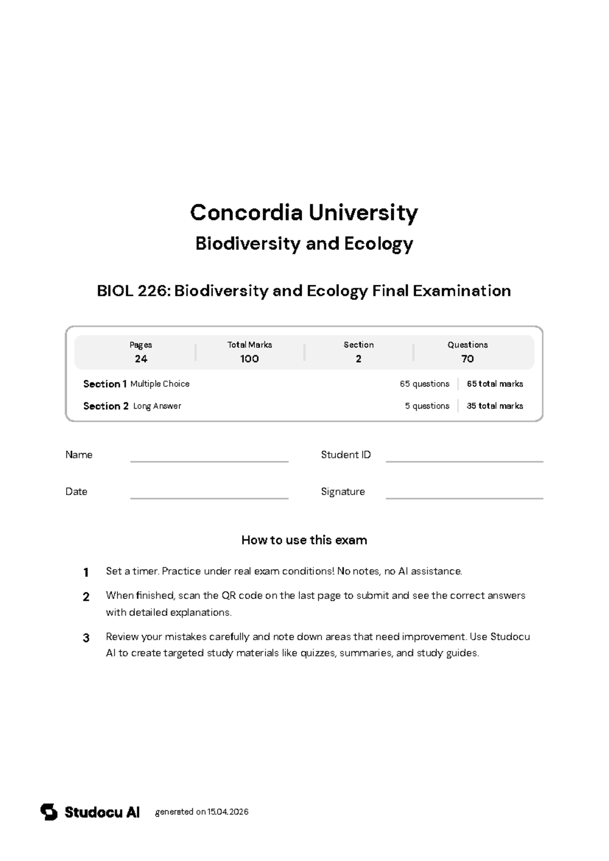 BIOL 226: Final Exam on Biodiversity and Ecology - Studocu
