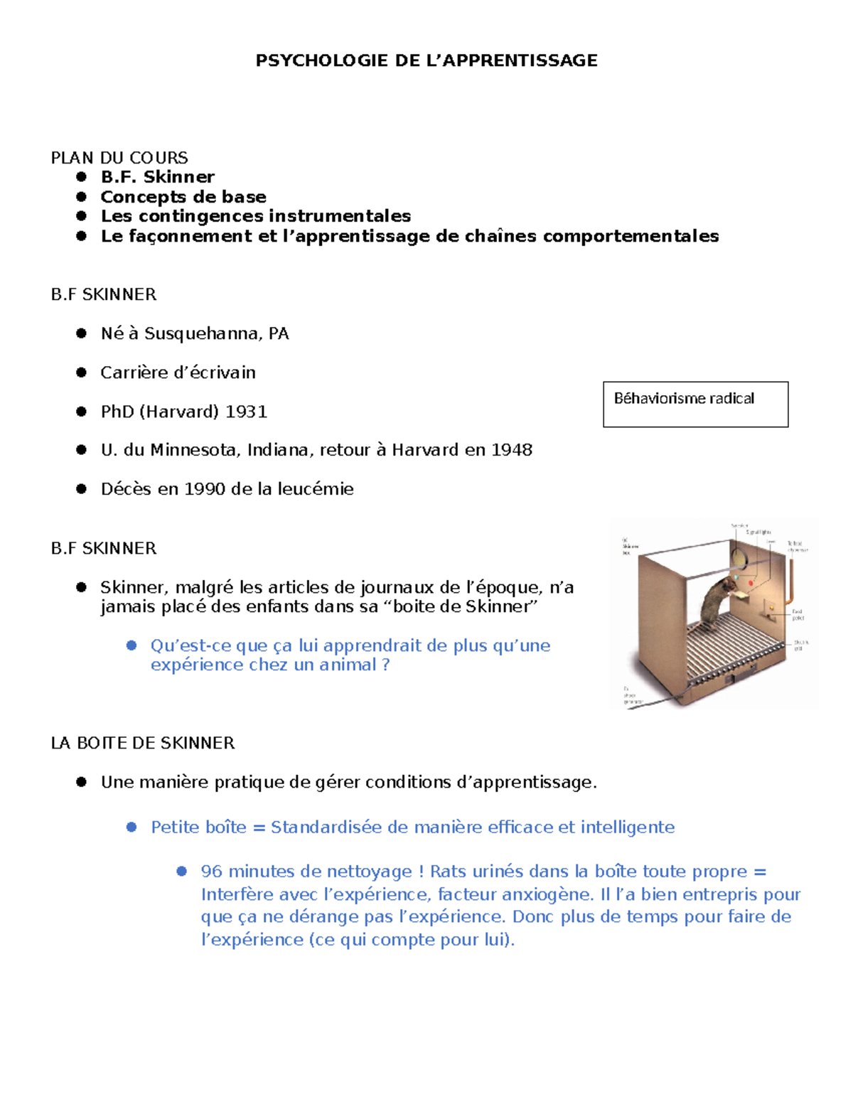 Cours 6 - Apprentissage : concepts de B.F. Skinner et renforcement ...