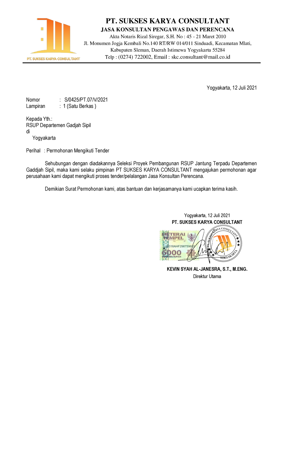 Dokumen Surat Permohonan - PT. SUKSES KARYA CONSULTANT JASA KONSULTAN ...