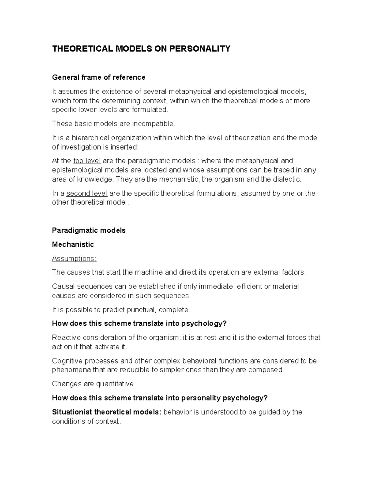 Theoretical models on personality - THEORETICAL MODELS ON PERSONALITY ...