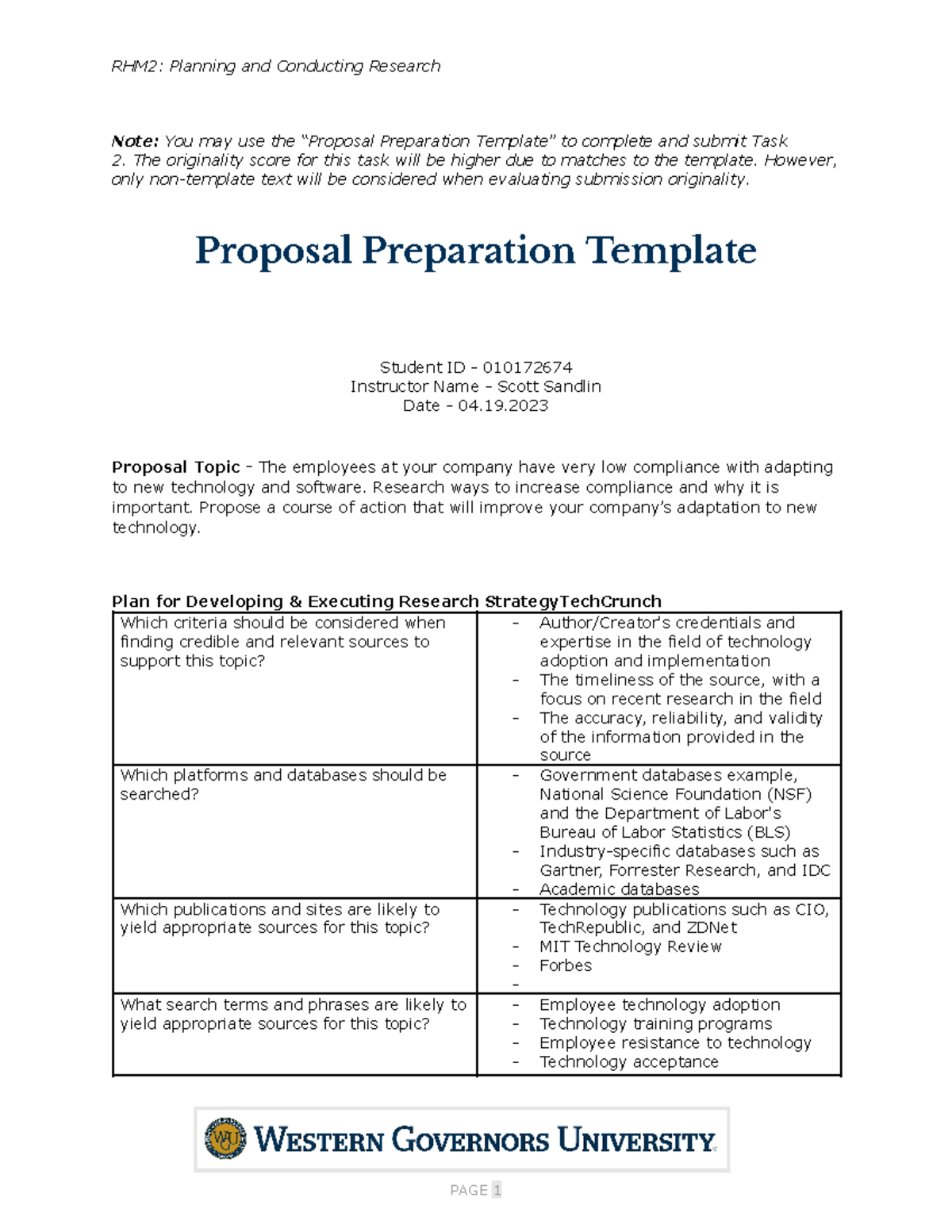 RHM2: Proposal Preparation Template for Tech Compliance Research - Studocu