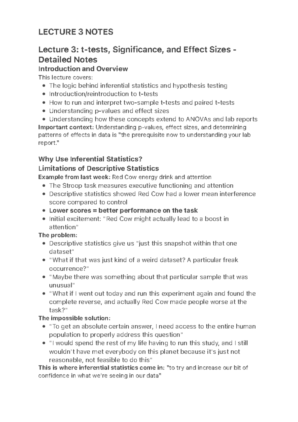 PS2010 LECTURE 3 NOTES: Inferential Stats & Effect Sizes Overview - Studocu