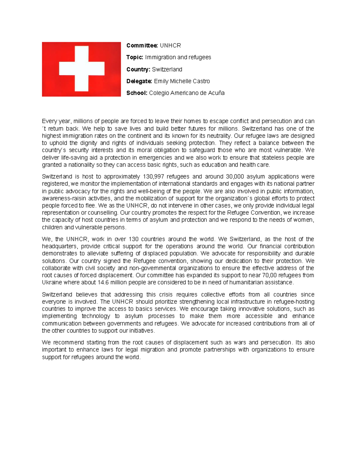 Unhcr position paper - Committee: UNHCR Topic: Immigration and refugees ...