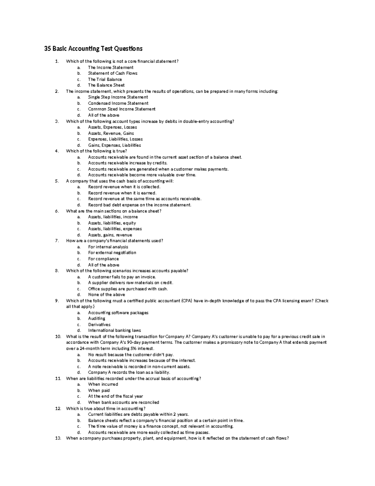 35 Basic Accounting Test Questions for ACCT 101: Core Concepts - Studocu