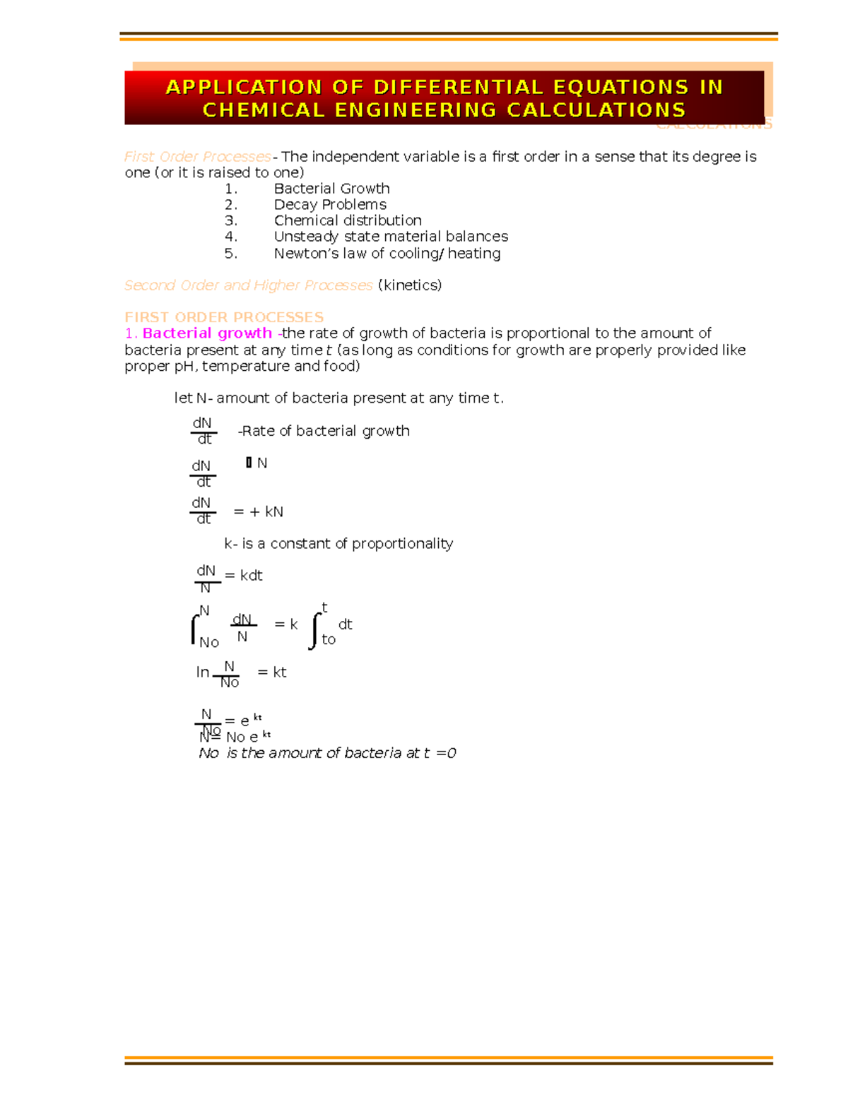 Calculus 1 Final Exam: Differential Equations in Chemical Engineering ...