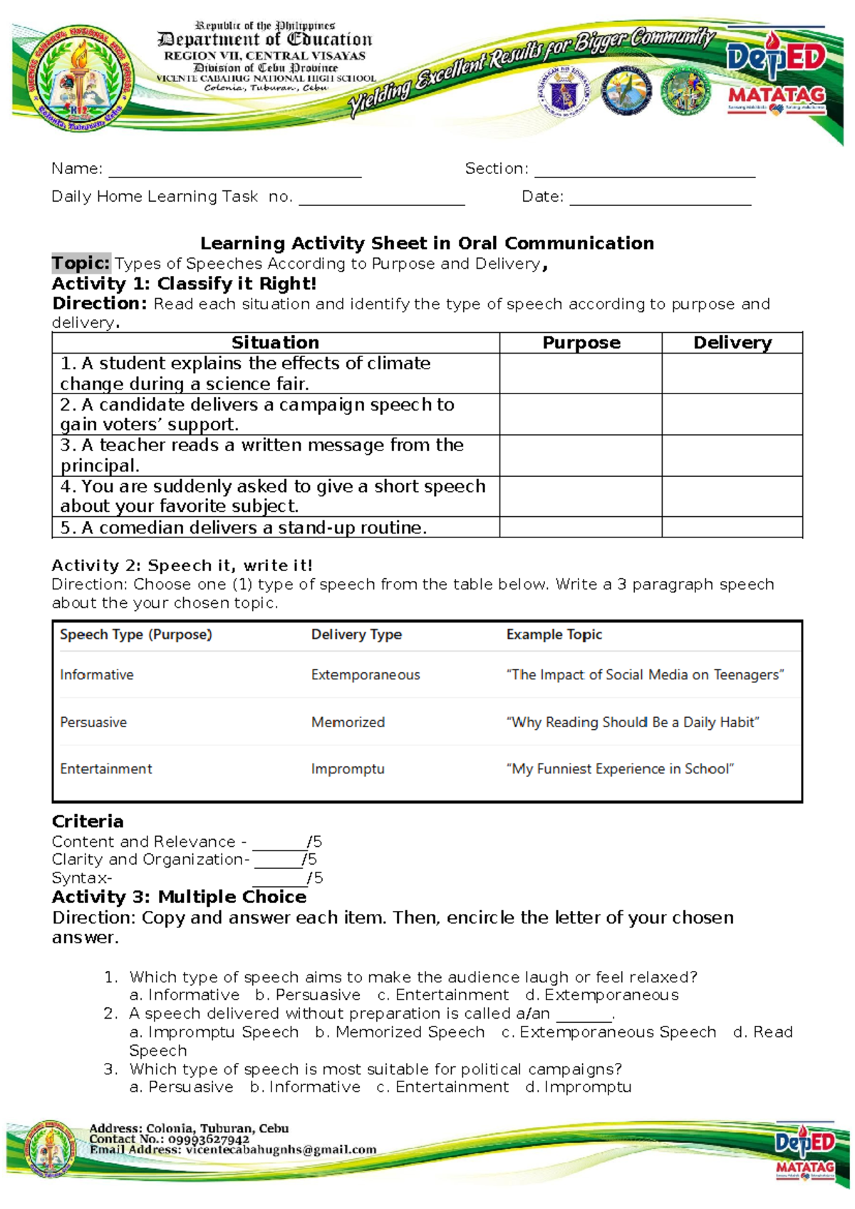 Oral Communication Learning Activity Sheet: Types of Speeches - Studocu