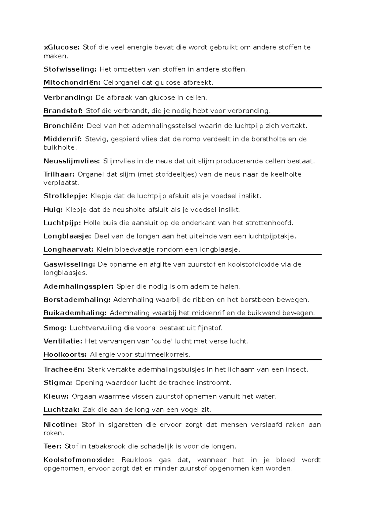 Begrippenlijst T1 Bio - Verteringstelsel & Ademhalingssysteem - Studeersnel
