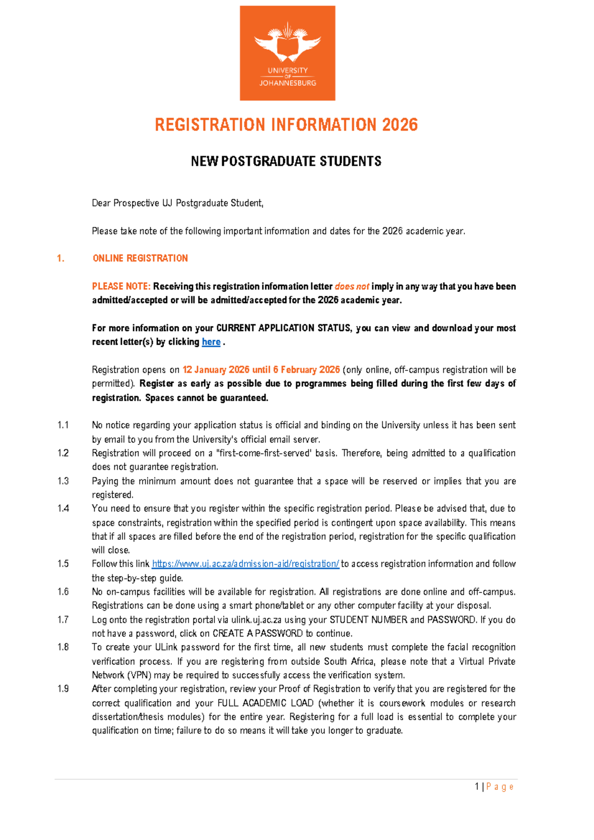 UJ Postgraduate Registration Info for 2026 Academic Year - Studocu