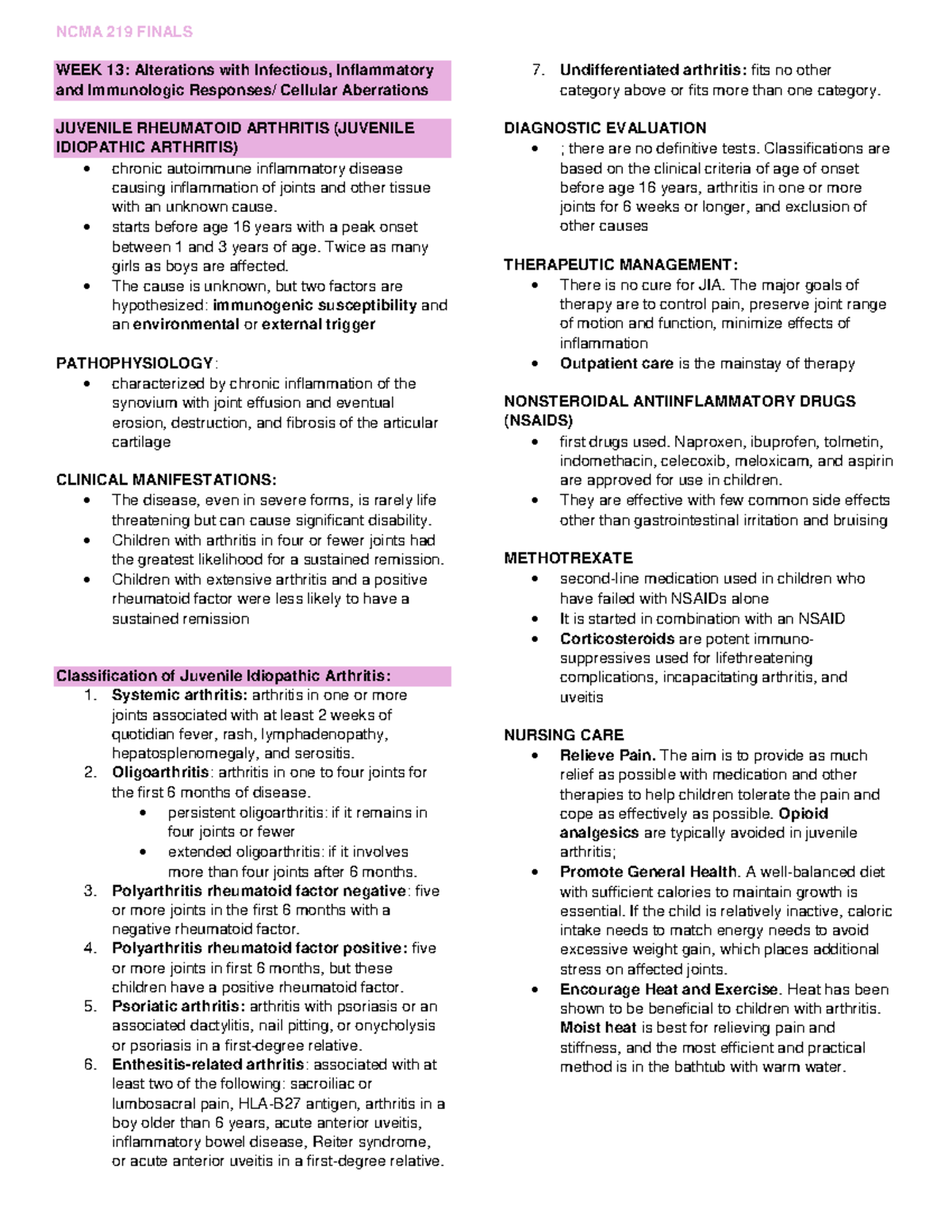 NCMA 219 Final Exam Study Notes: Juvenile Arthritis & Related ...