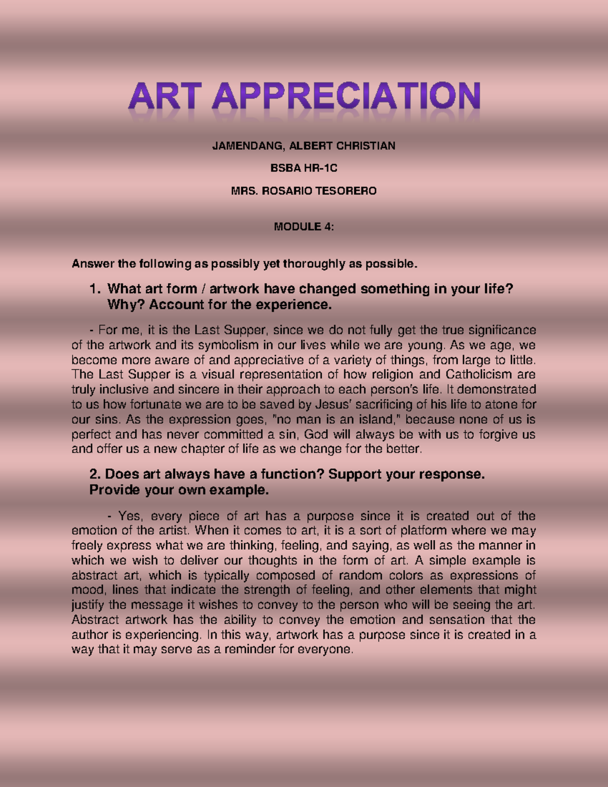 ART Appreciation Assignment 1-3 - JAMENDANG, ALBERT CHRISTIAN BSBA HR ...