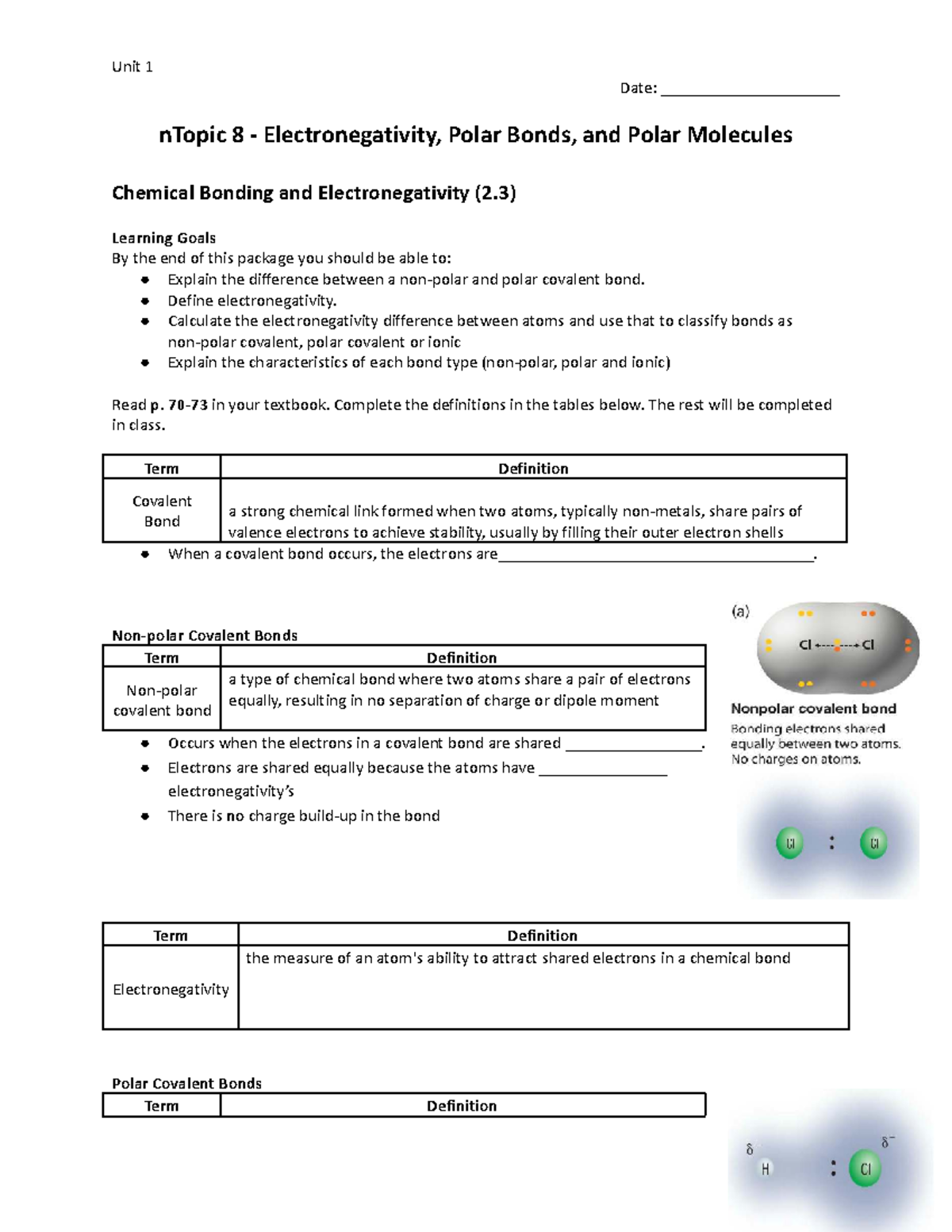 Copy of Topic 8 (Unit 1) - Electronegativity & Polar Bonds Notes - Studocu