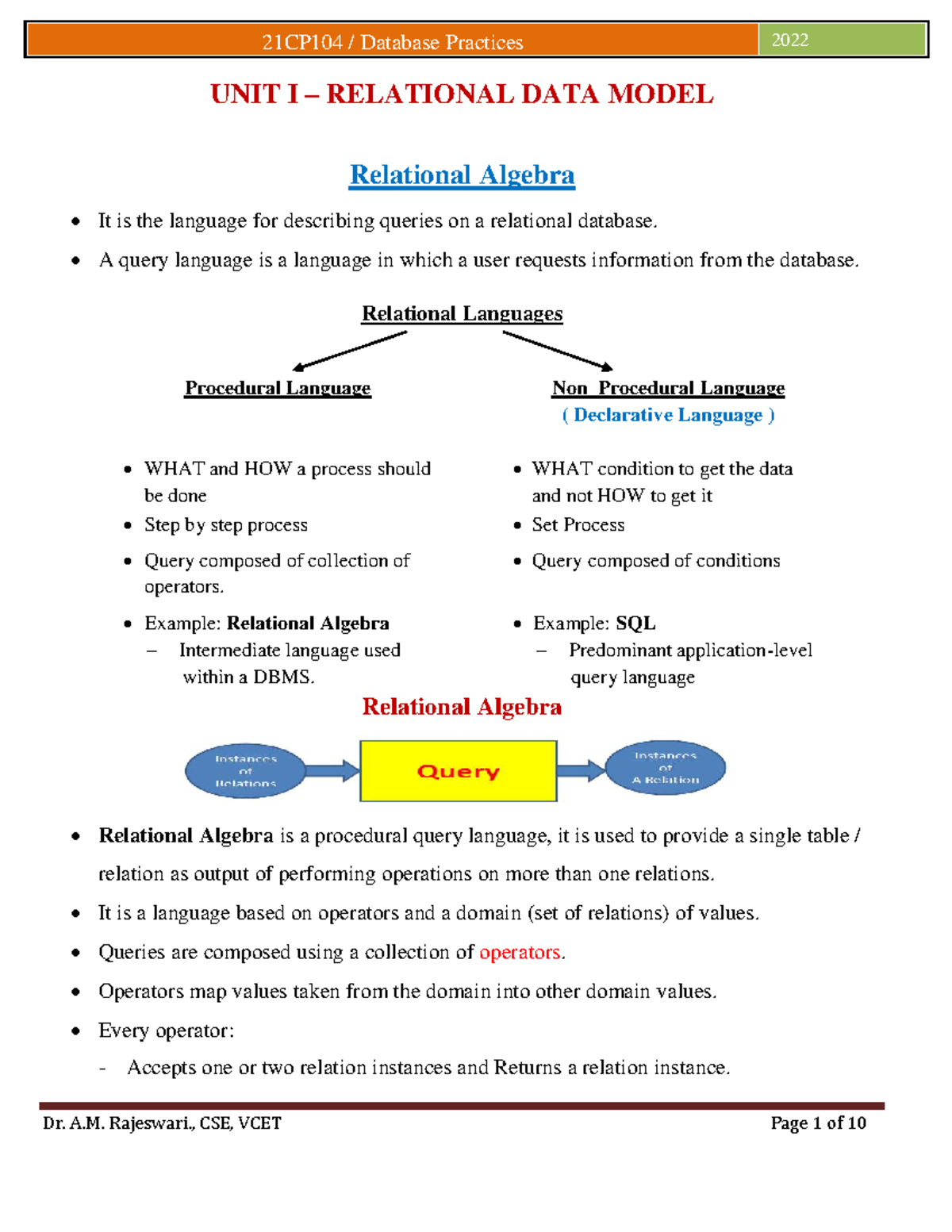 21CP104 Database Practices: UNIT I Relational Data Model Overview - Studocu