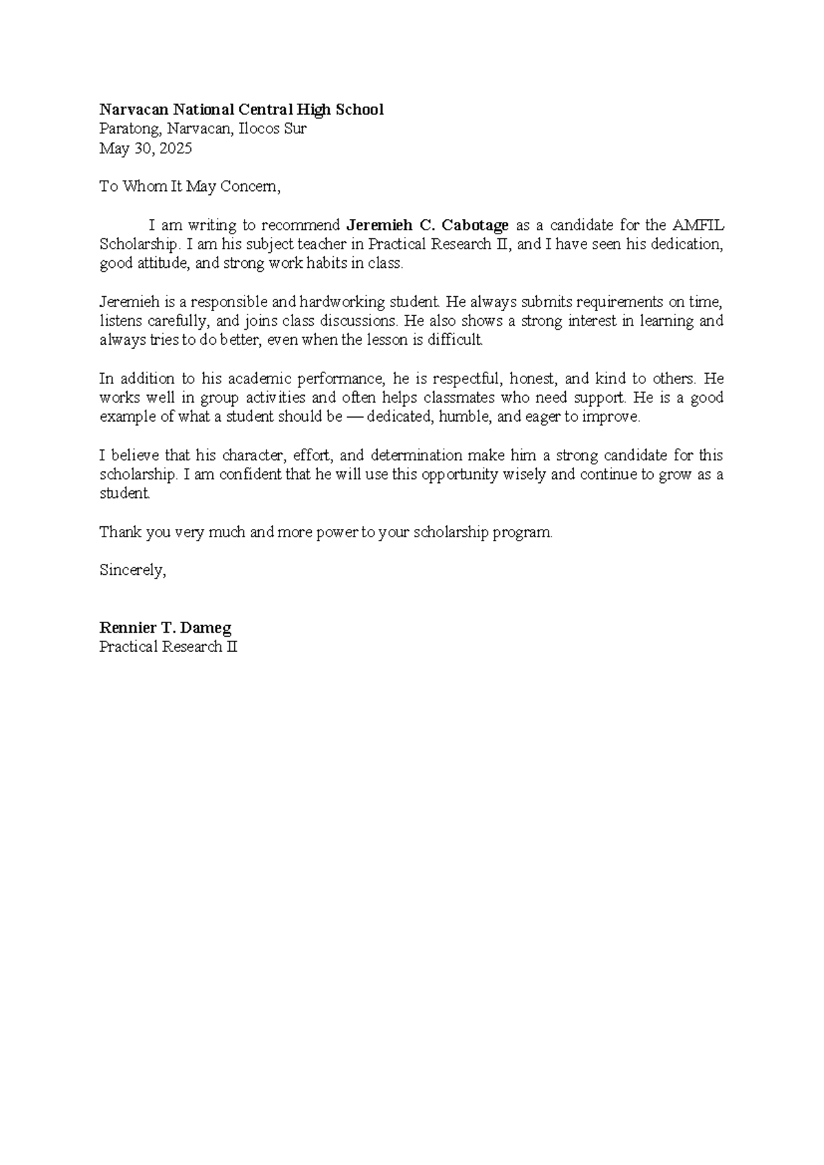 Recommendation Letter for AMFIL Scholarship - Practical Research II ...