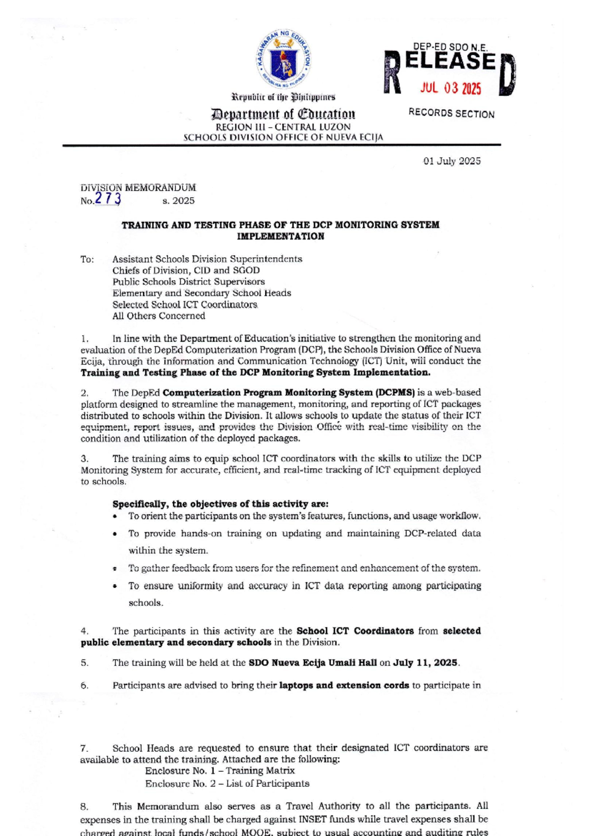 DCP Monitoring System Training Memo - SDO Nueva Ecija 2025 - Studocu
