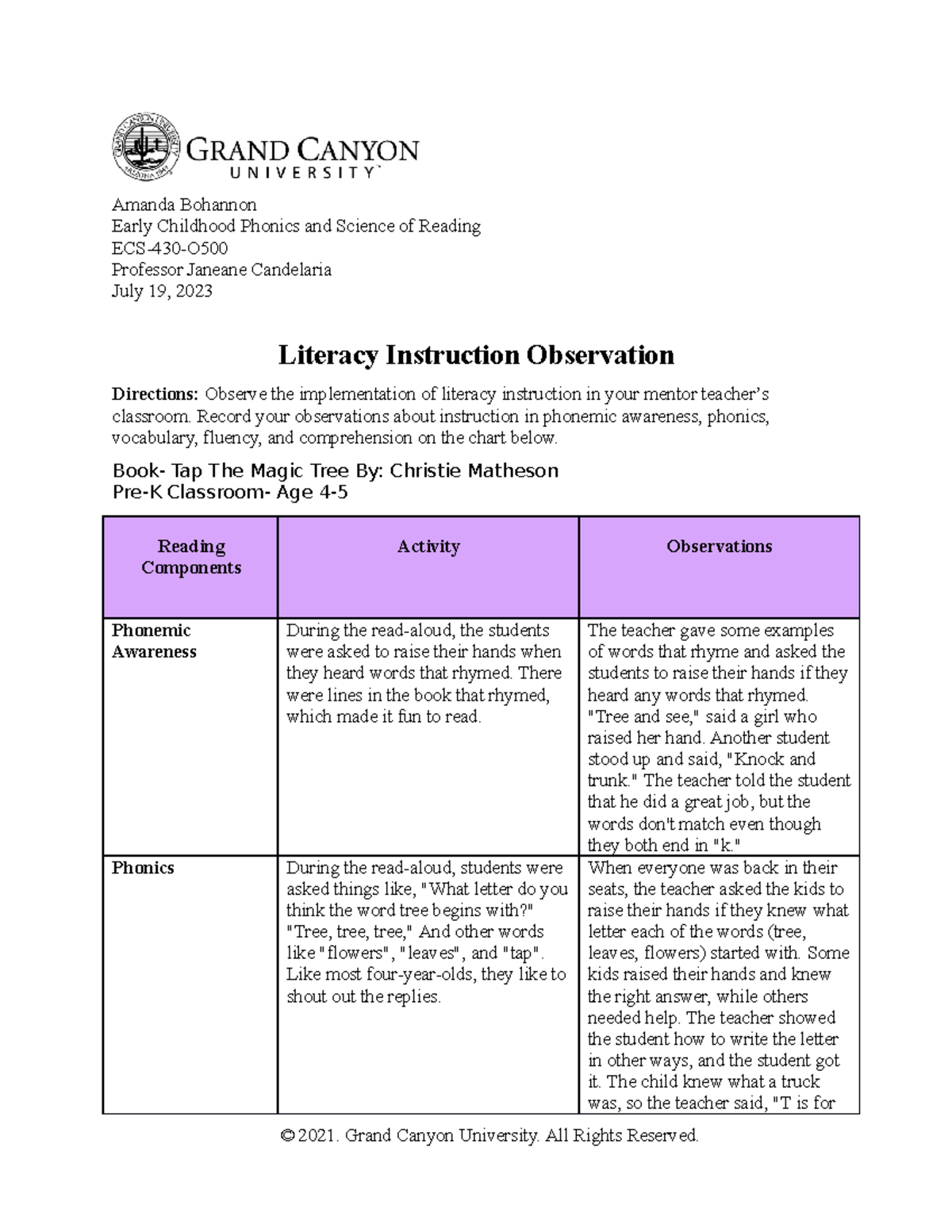 ECS 430 Literacy Instruction Observation Report (July 2023) - Studocu