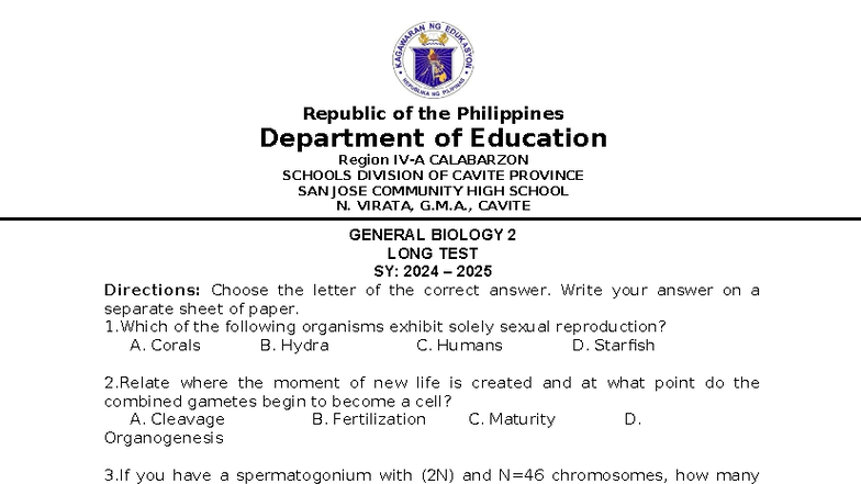 Genbio 2 Semi-Finals Long Test - General Biology 2 - Studocu