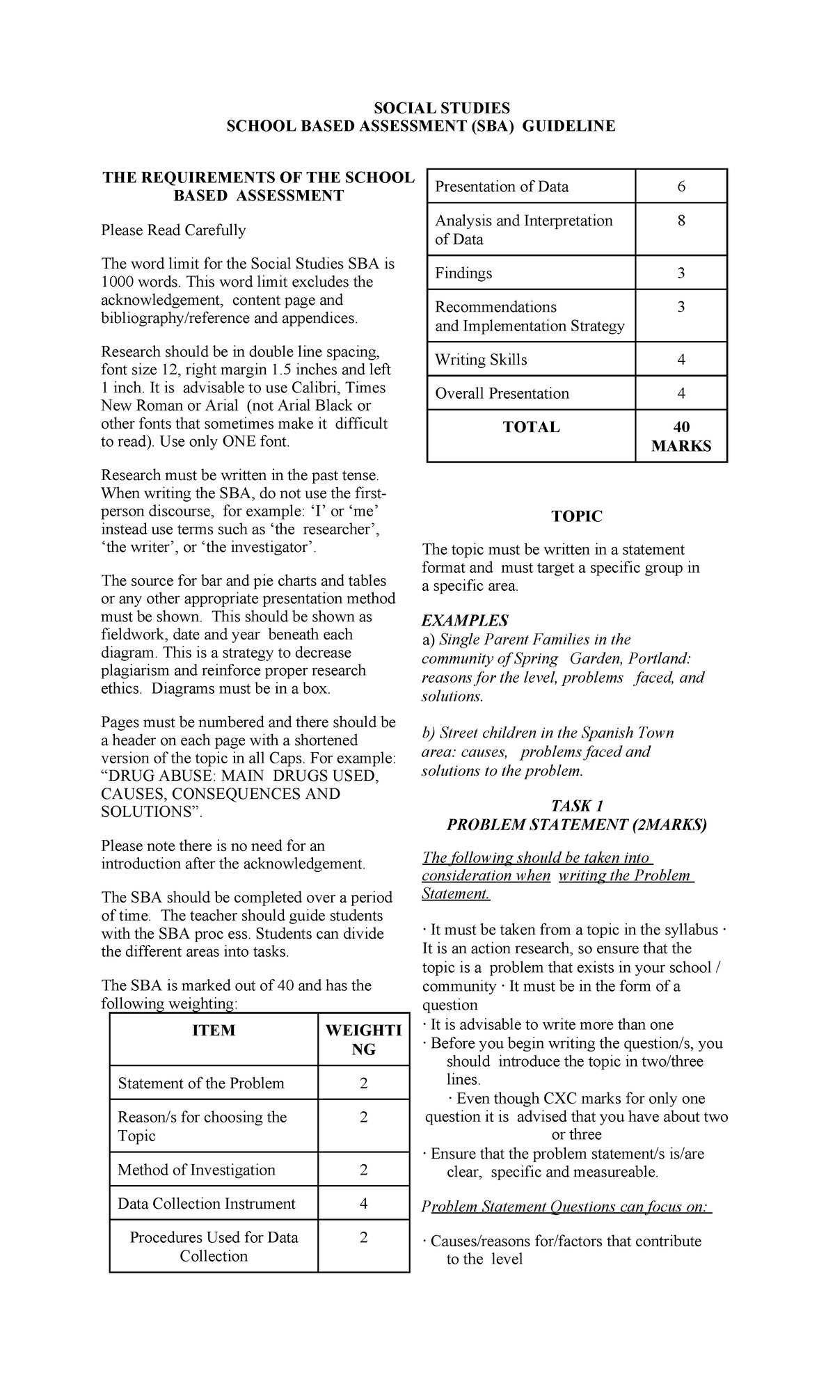 CSEC SOCIAL STUDIES SBA GUIDELINES: FOCUS ON SINGLE PARENT FAMILIES ...