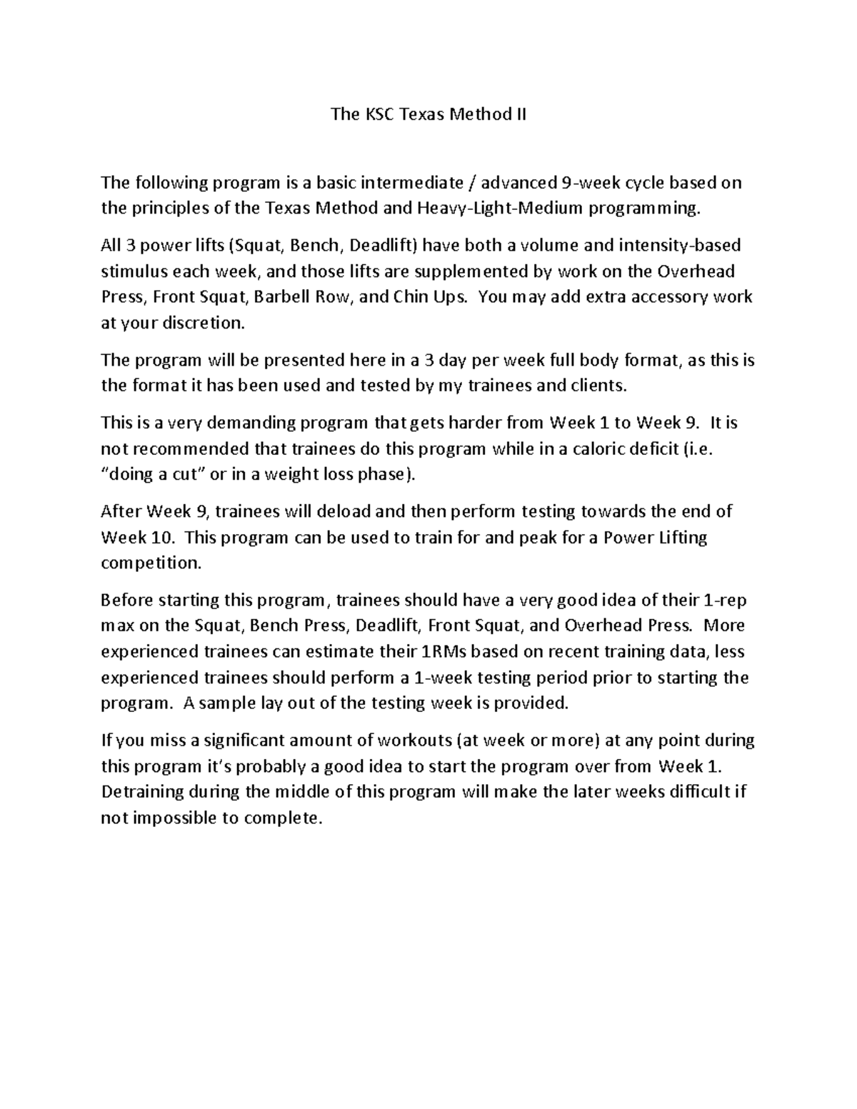 KSC Texas Method II: A 9-Week Powerlifting Program Guide - Studocu