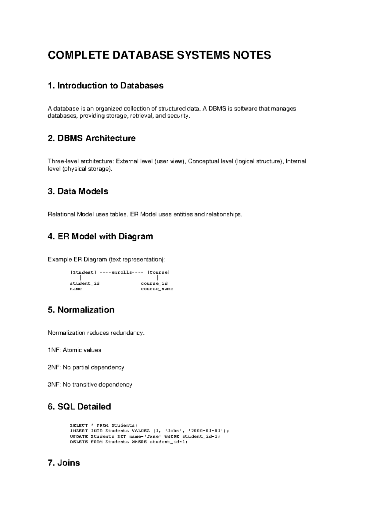 COMPLETE DATABASE SYSTEMS NOTES: DBMS, Models, SQL & Normalization ...