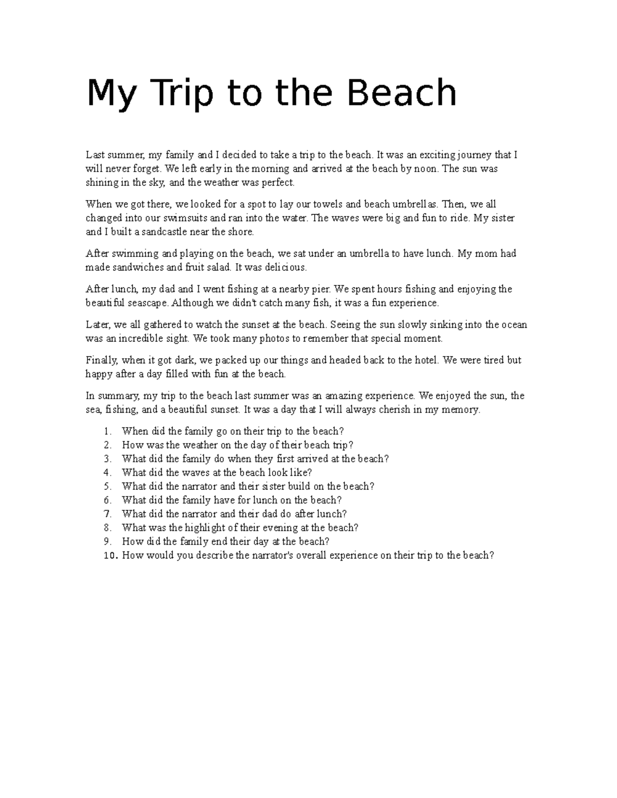 Reading Exercise: My Trip to the Beach (Past Tense) - Studocu
