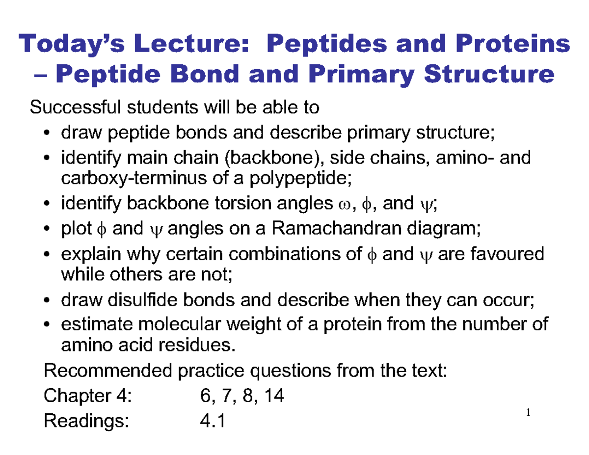 Lecture: Peptides & Proteins - Peptide Bond & Primary Structure (4 ...