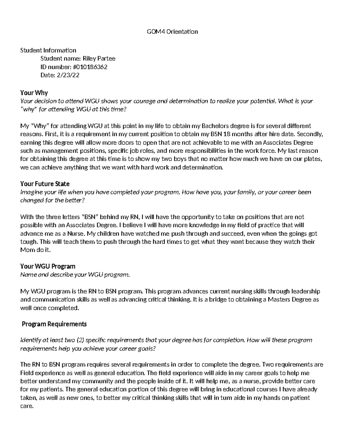 WGU GOM4 Orientation Paper: My Journey to a BSN Degree - Studocu