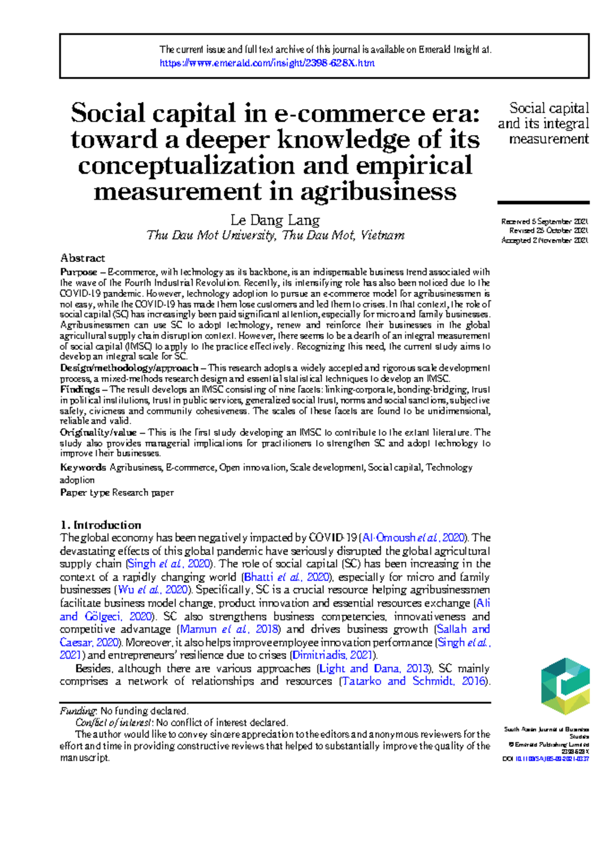 Bài đọc thêm 2 - Social Capital in E-Commerce Era: Conceptualization ...