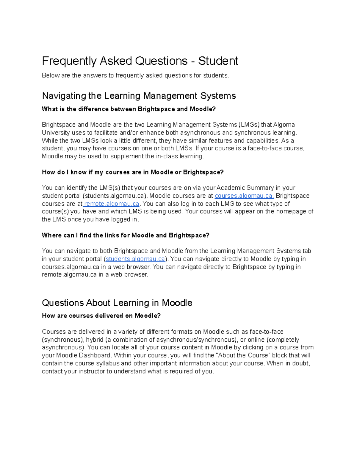 Student FAQ Guide for Moodle & Brightspace - Revised Oct 2021 - Studocu
