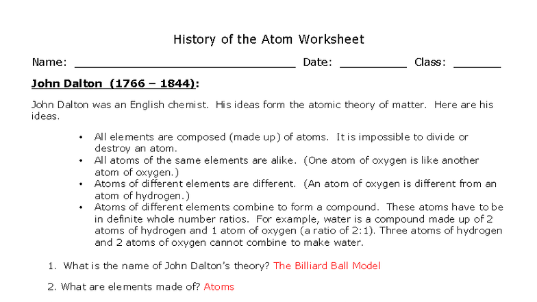 History of the Atom Worksheet Answers: Concepts & Key Figures - Studocu