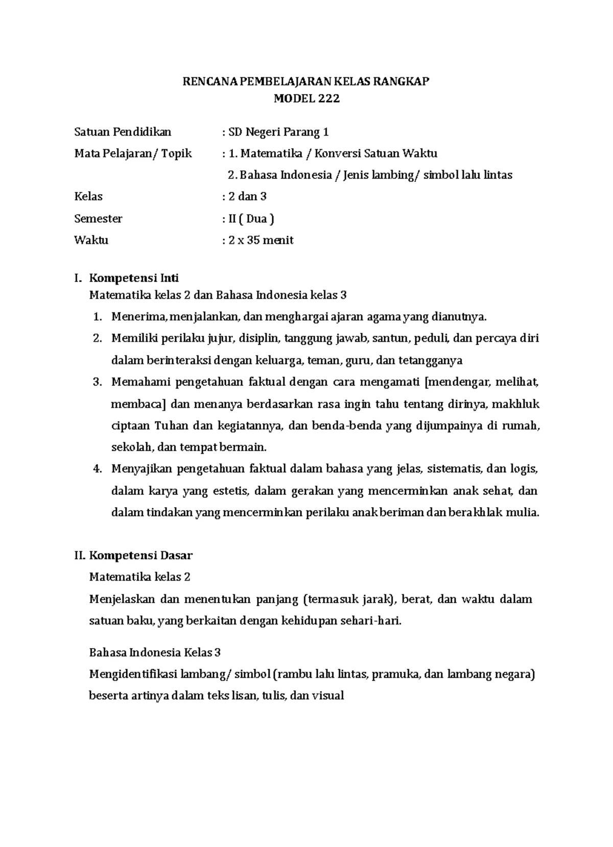 RPP 221 - Rancangan Pembelajaran Kelas Rangkap Model 221 - Studocu