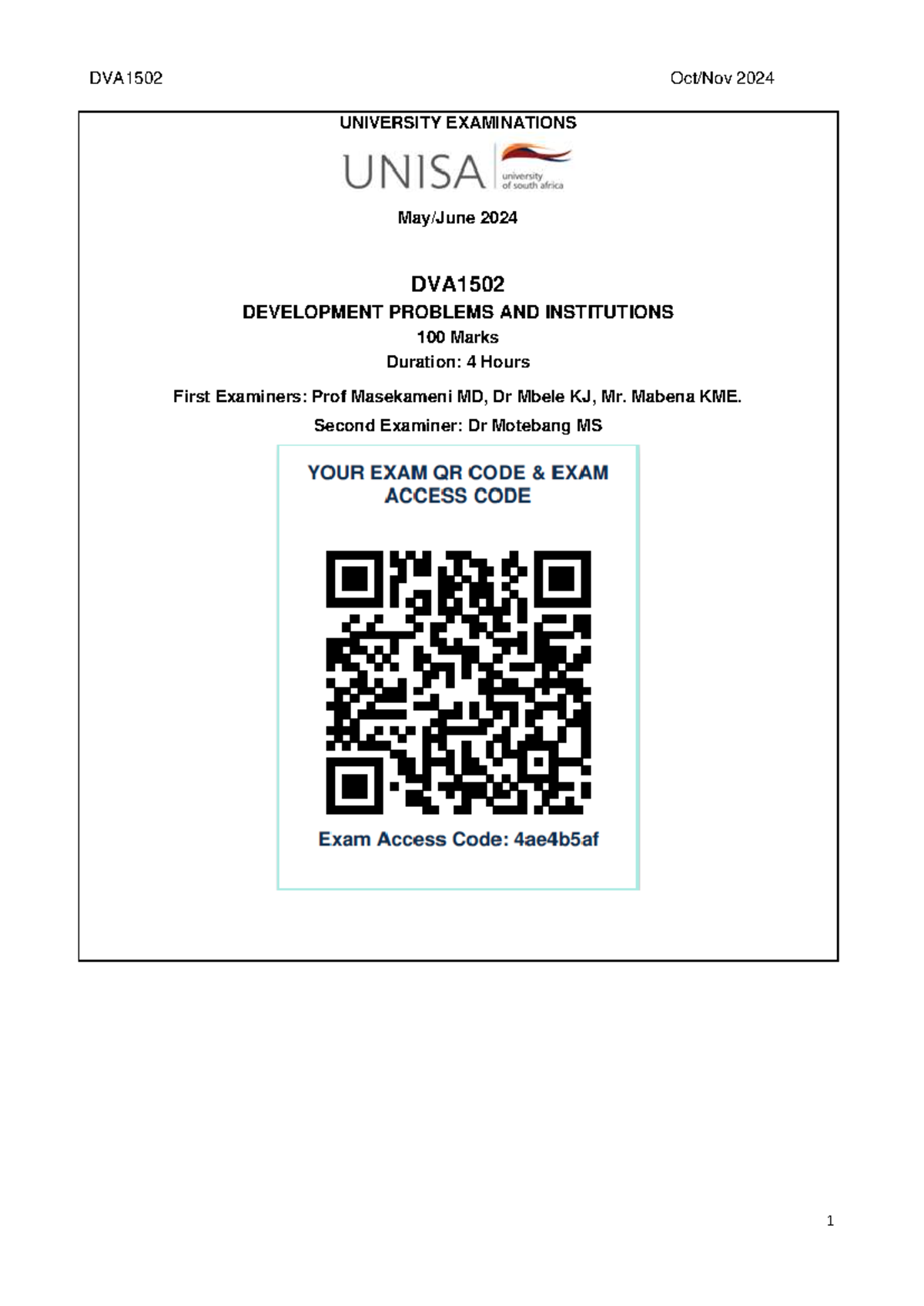 DVA1502 2024 Final Exam Guidelines: Development Problems & Institutions ...