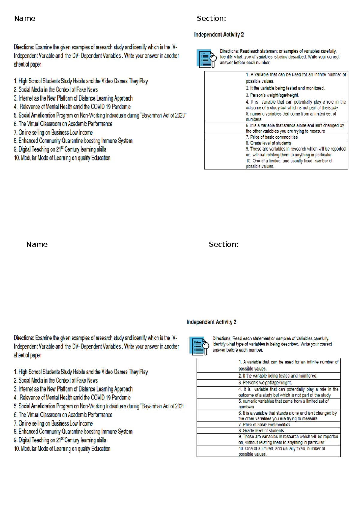 PR2 act 3 - Activity Worksheets - Name Section: Independent Activity 2 ...