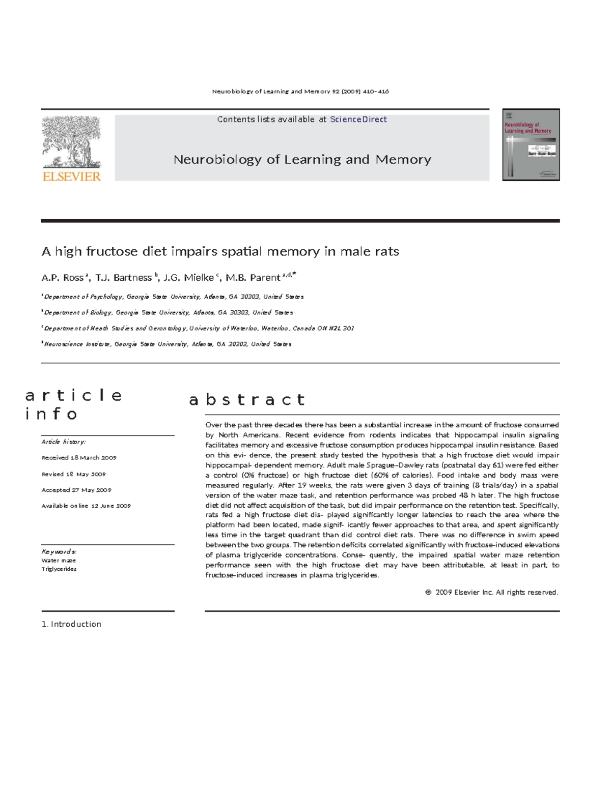 Research Article - Neurobiology of Learning and Memory 92 (2009) 410– A ...