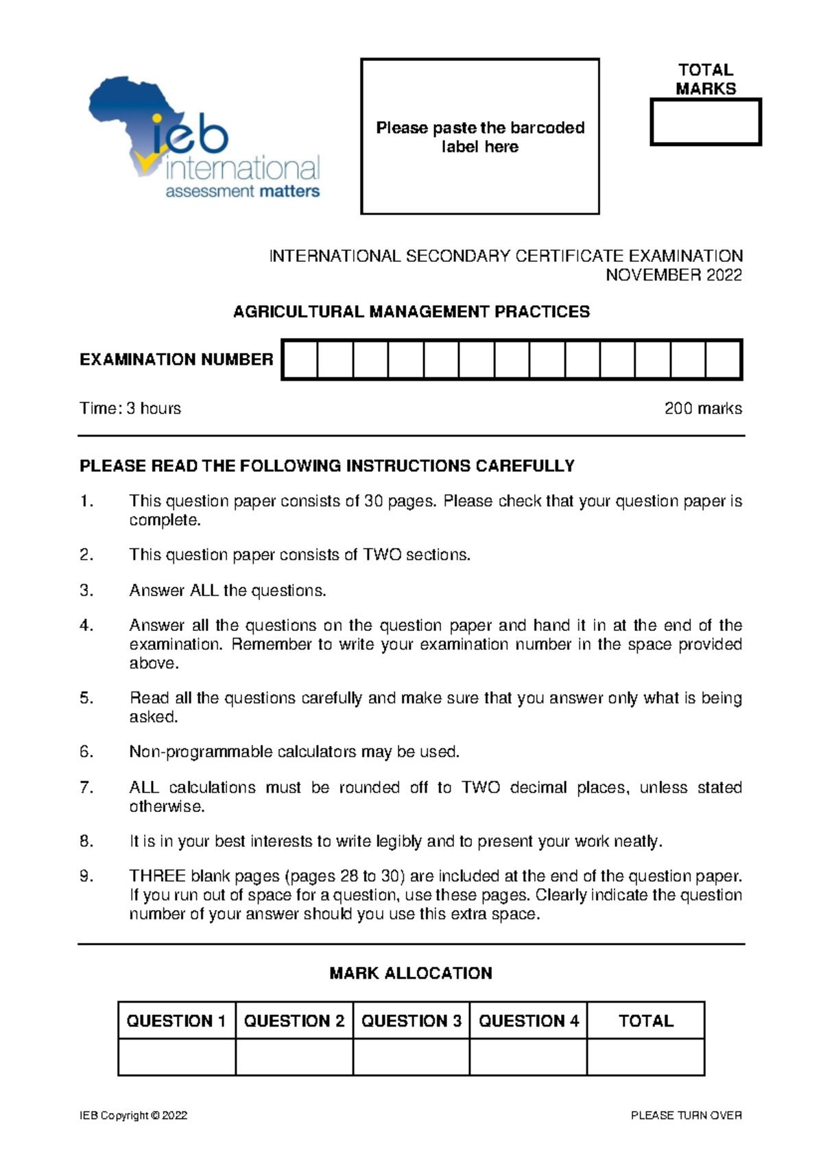 ISC Agricultural Management Practices Exam Nov 2022 - Total Marks - Studocu