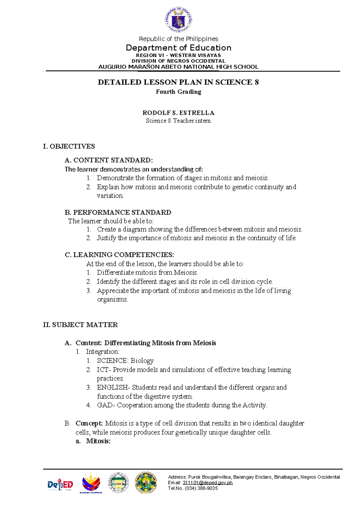 Detailed Lesson Plan on Mitosis and Meiosis for Science 8 - Studocu