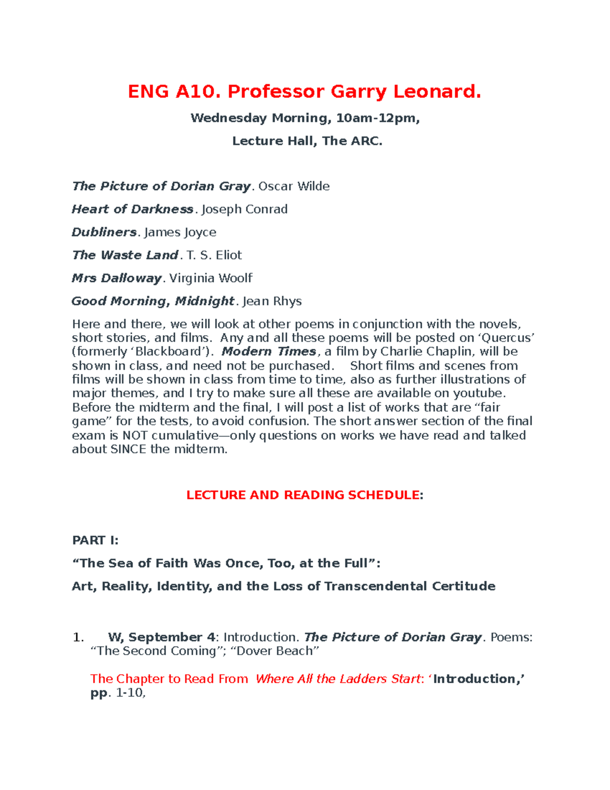 ENG A10. 2019 Syllabus and Lecture Schedule for Literature Studies ...