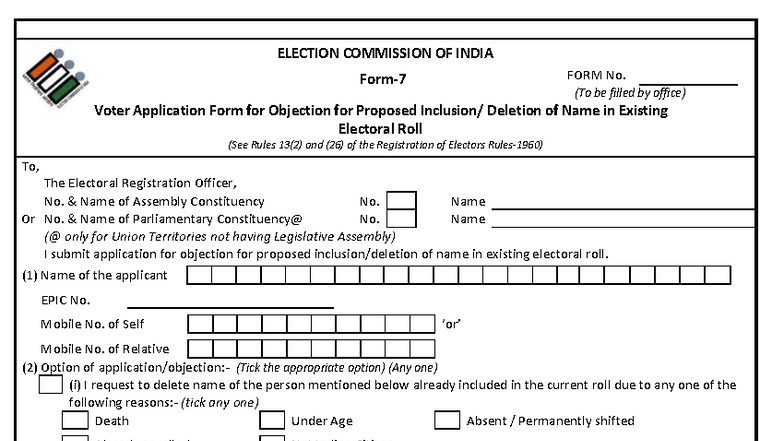 Voter Application Form for Objection - Form 7 (Election Commission ...