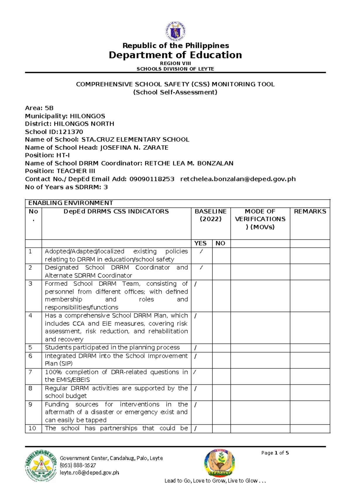 DRRM CSS Monitoring Tool: Comprehensive Assessment for Schools - Studocu