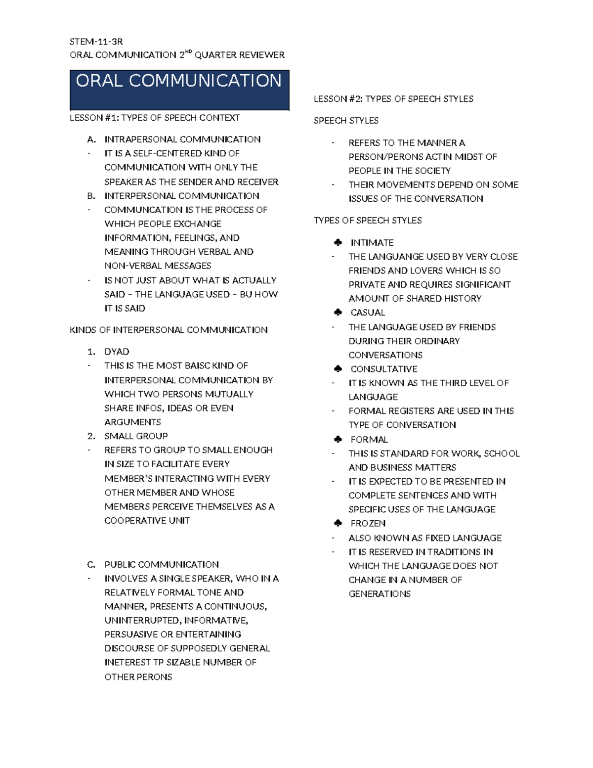 Oral Communication (Oral Com) 2nd Quarter Reviewer Notes - Studocu
