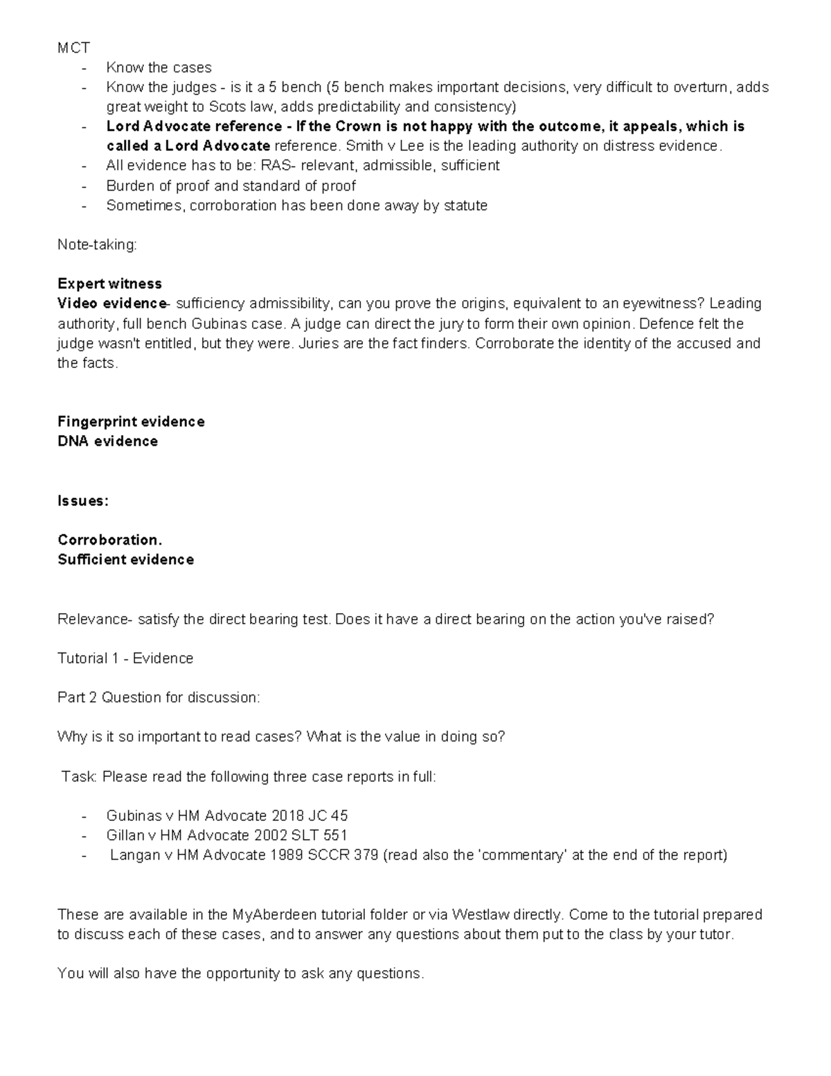 MCT Tutorial 1: Key Cases and Principles in Evidence Law - Studocu